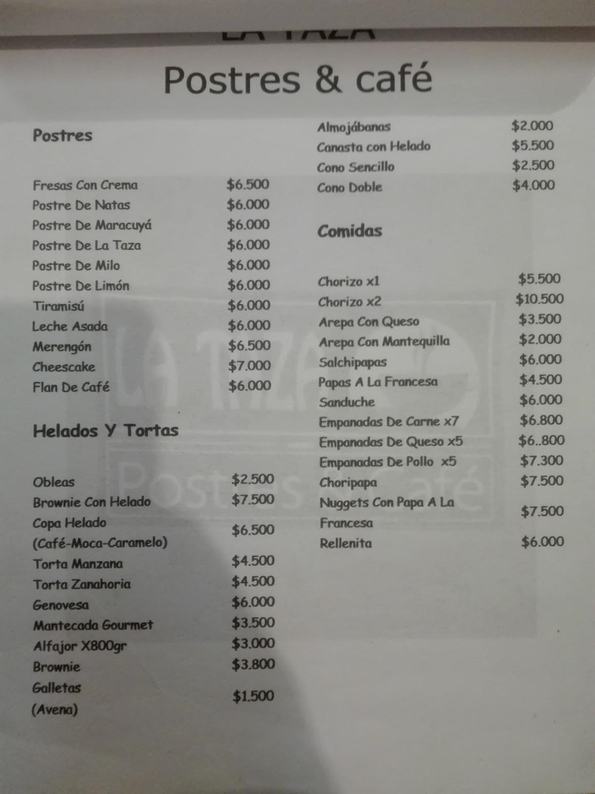 Menu at La Taza Postres & Cafe, Pereira