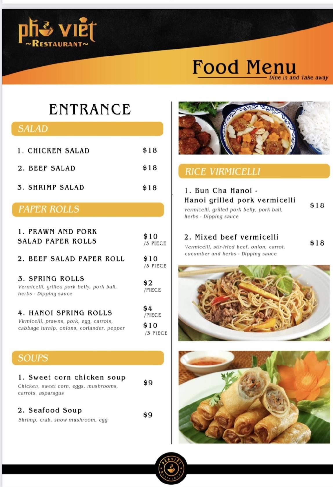 Menu at Pho Viet Shepparton restaurant, Shepparton