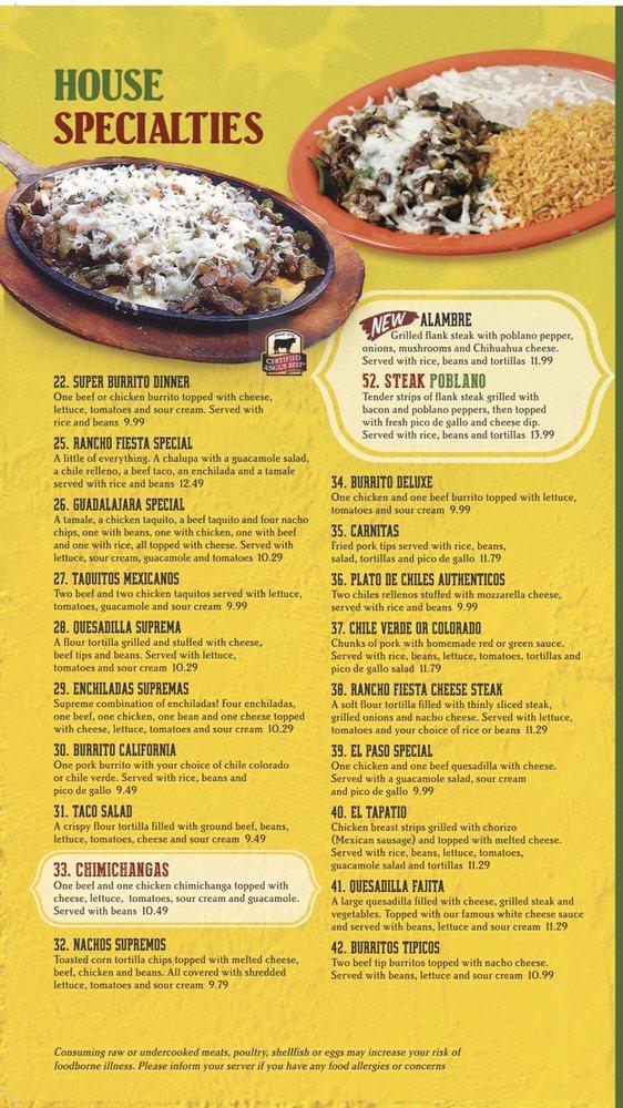 Menu at RANCHO FIESTA restaurant, Mansfield, S Trimble Rd