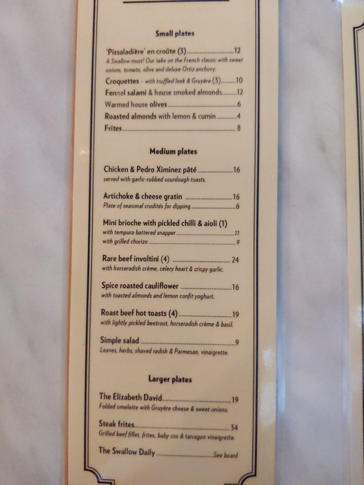 Menu at Swallow Bar, Maylands