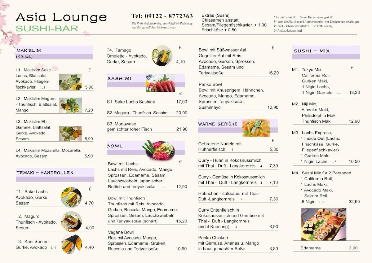 Speisekarte von Asia Lounge restaurant, Schwabach, Martin-Luther-Platz 15