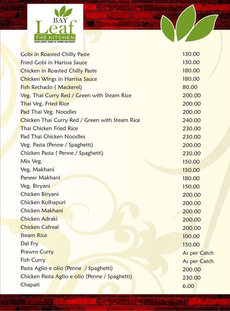 Menu at BAY Leaf, Sawantwadi