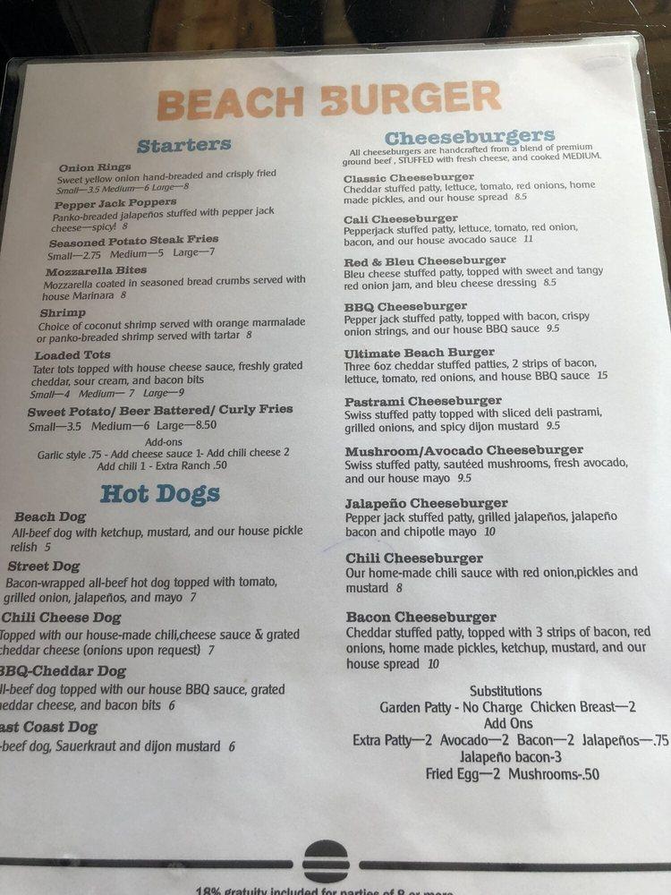 Menu at Beach Burger restaurant, Morro Bay