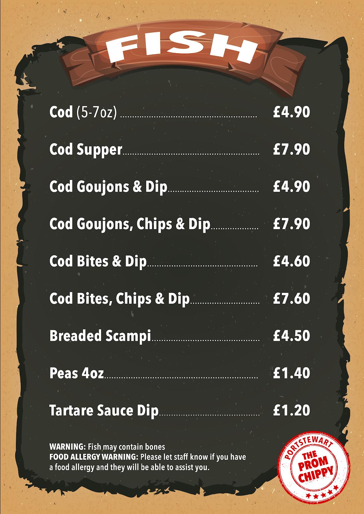 Menu at The Prom Chippy restaurant, Portstewart