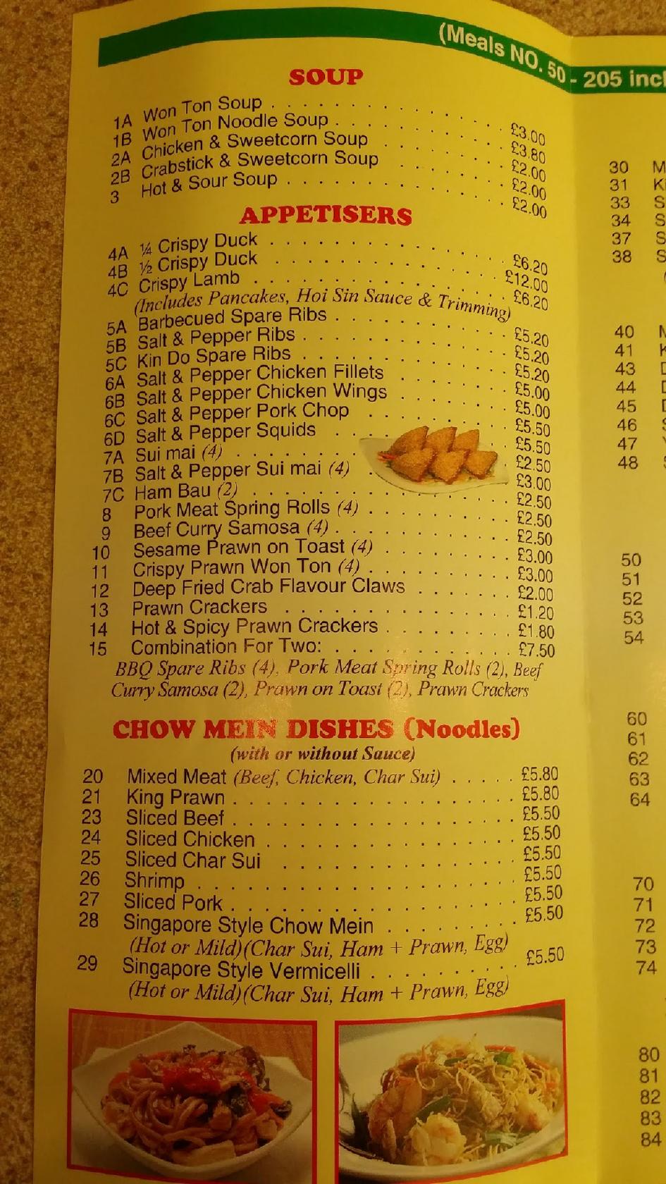 Menu at Ho Ho fast food, Liverpool, 106 High St