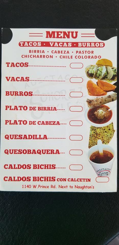 Menu at I Love Tacos restaurant, Tucson