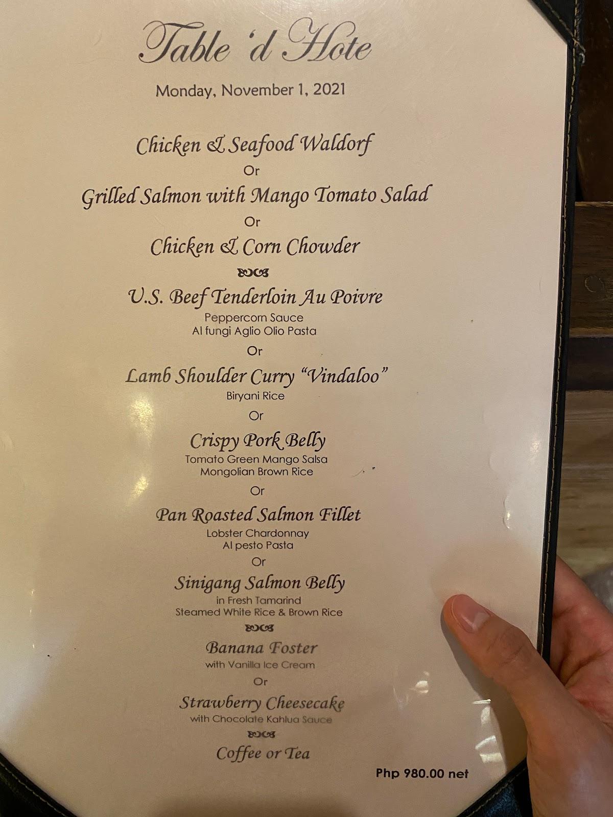 Menu at Le Chef restaurant, Baguio