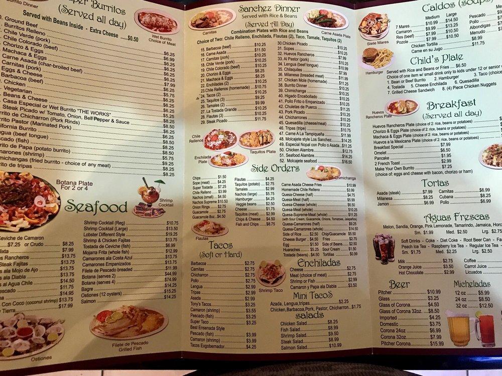 Menu at Los Sanchez Restaurant, Garden Grove