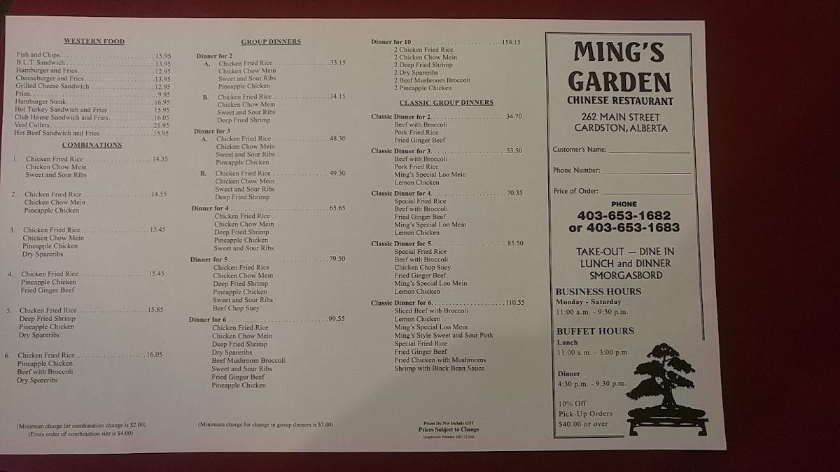 Menu at Mings Gardens restaurant, Cardston