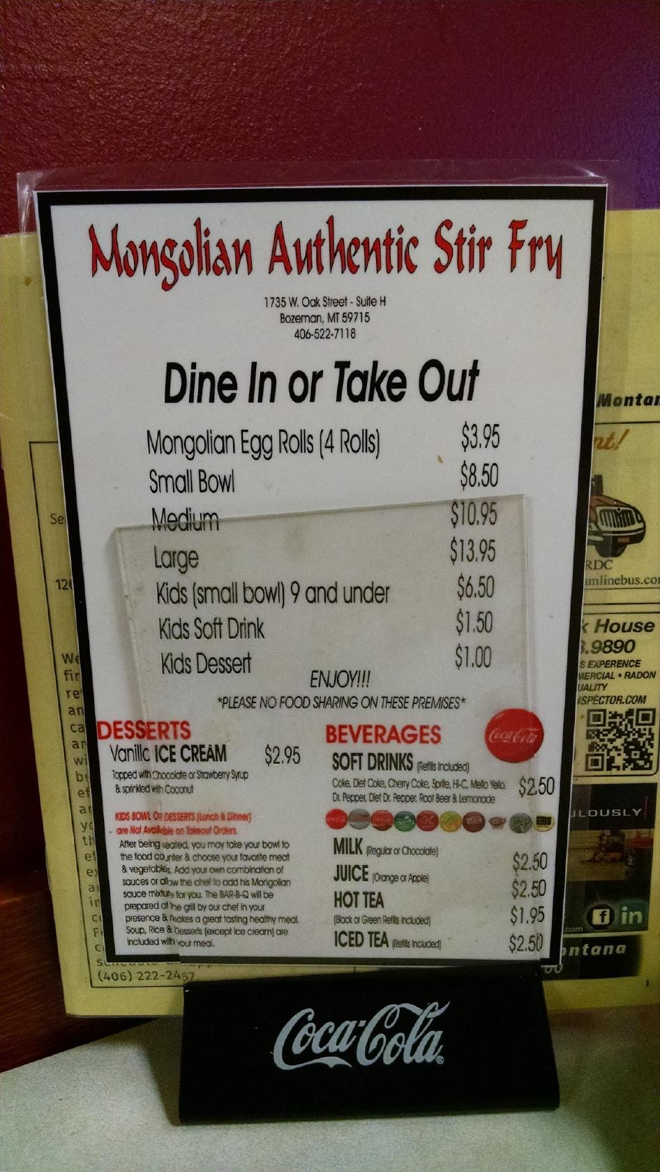 Menu at Mongolian BBQ, Bozeman
