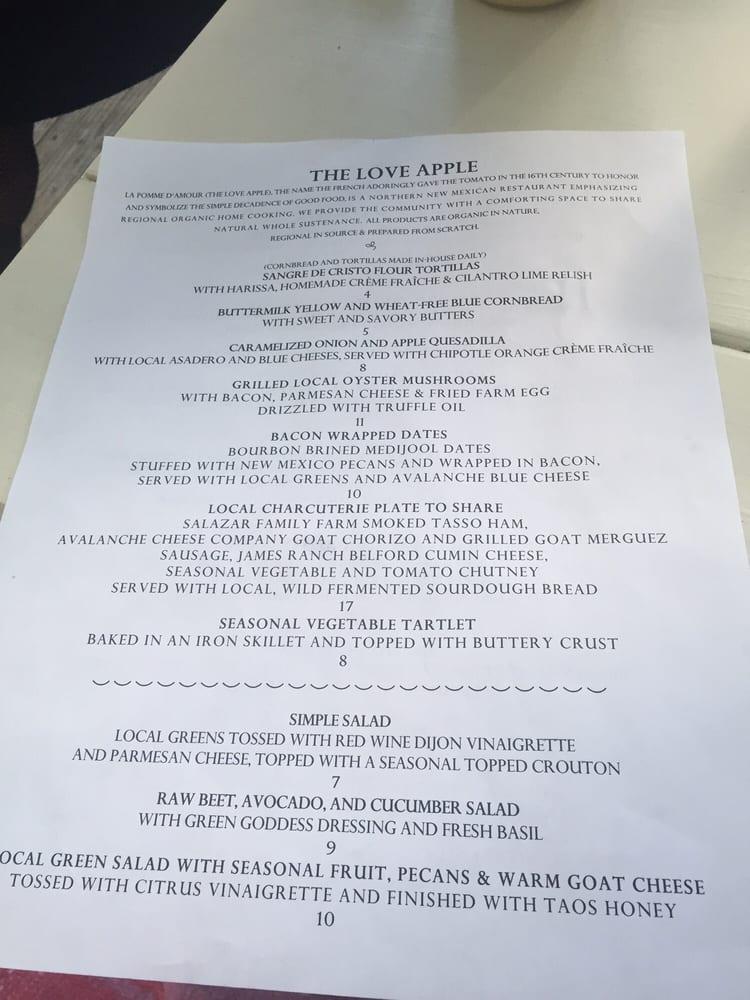 Menu at The Love Apple restaurant, Taos