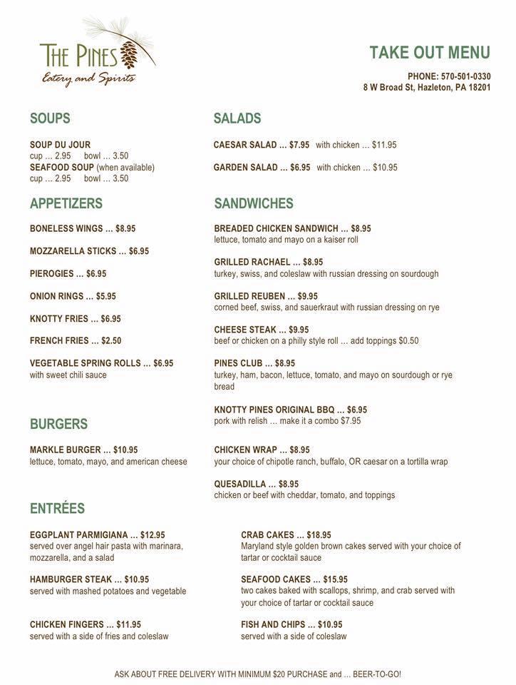 Menu at The Pines Eatery & Spirits cafe, Hazleton