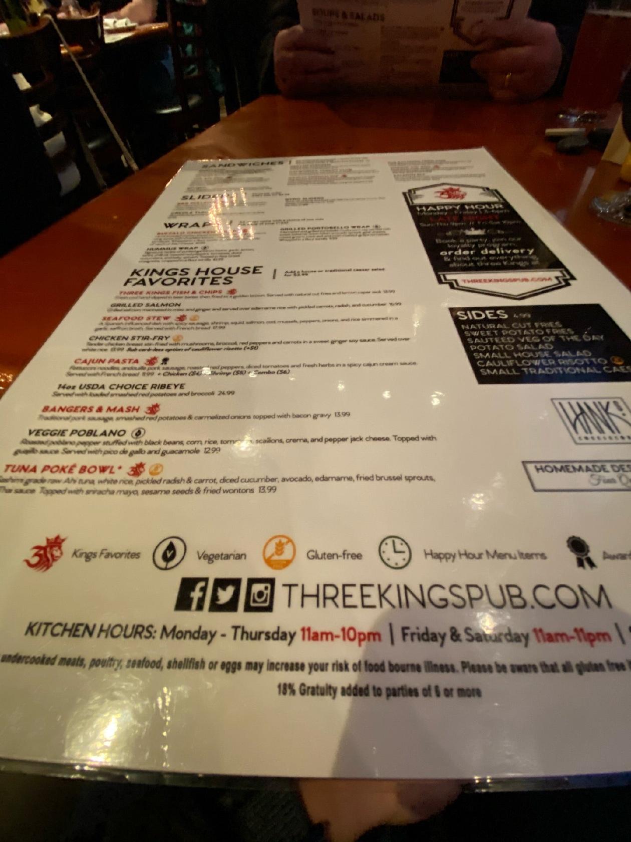 Menu at Three Kings Public House, St. Louis, 40 Ronnie's Plaza