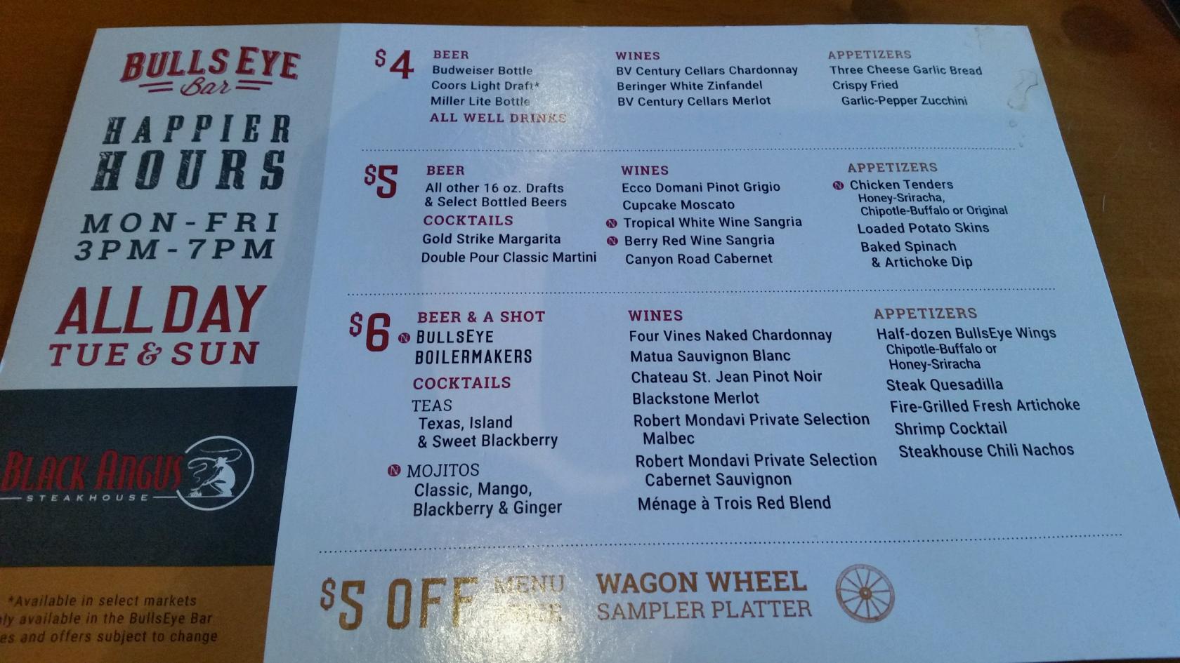Menu at Black Angus Steakhouse, Torrance