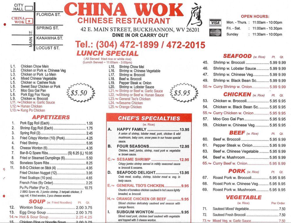 Menu at China Wok restaurant, Buckhannon
