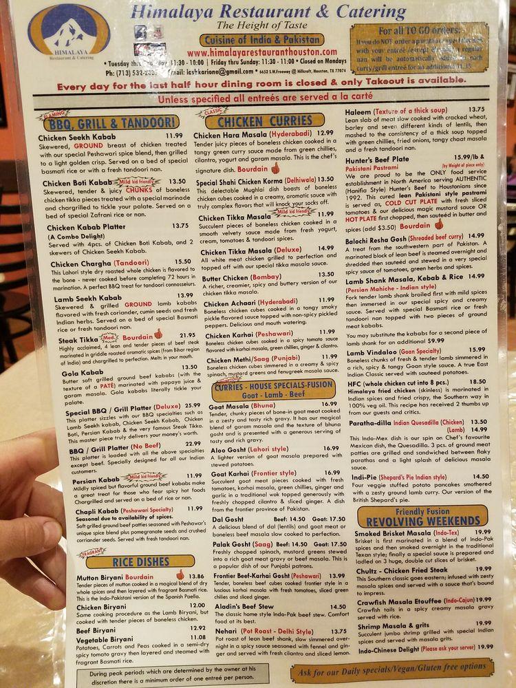 Menu at Himalaya Restaurant, Houston