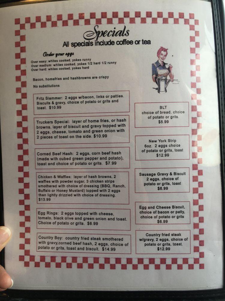 Menu at Mundy's Diner restaurant, Springfield