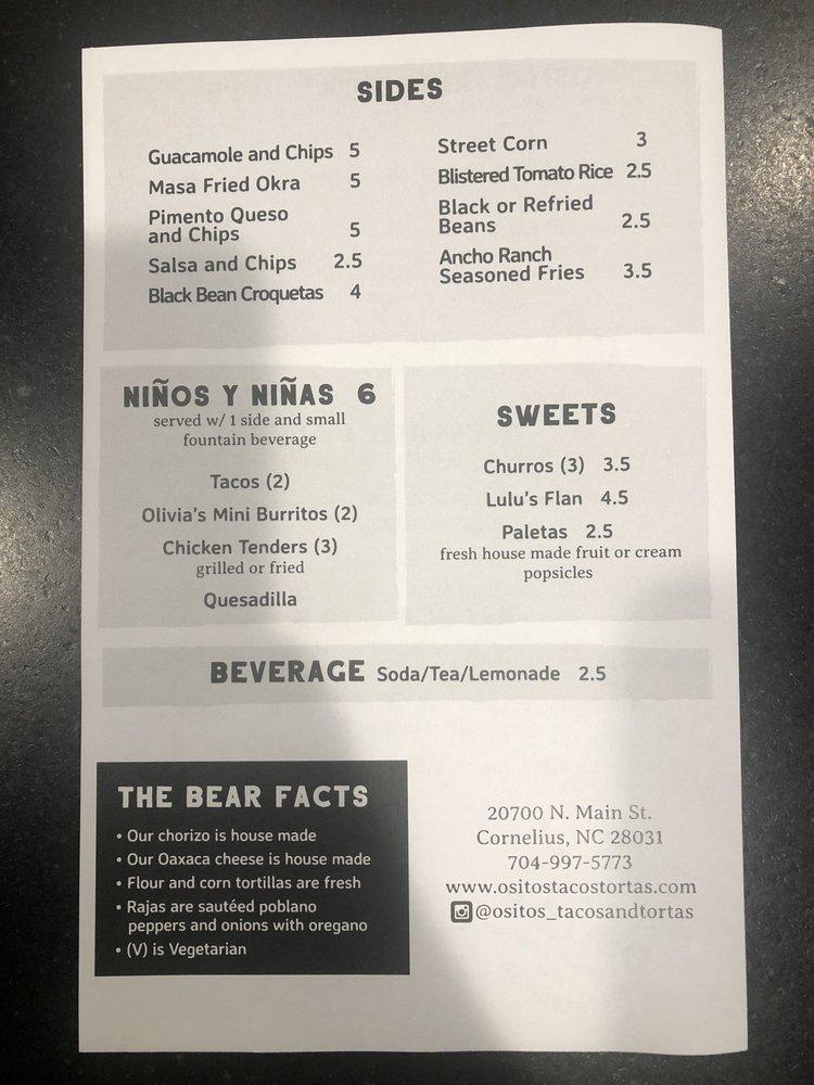 Menu at Osito's Tacos & Tortas restaurant, Cornelius