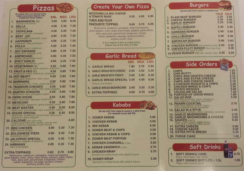 Menu at Pizza Kasra pizzeria, Sheffield