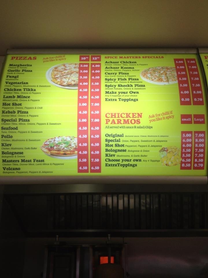 Menu at Spice Master fast food, Newcastle upon Tyne, 6 West Rd
