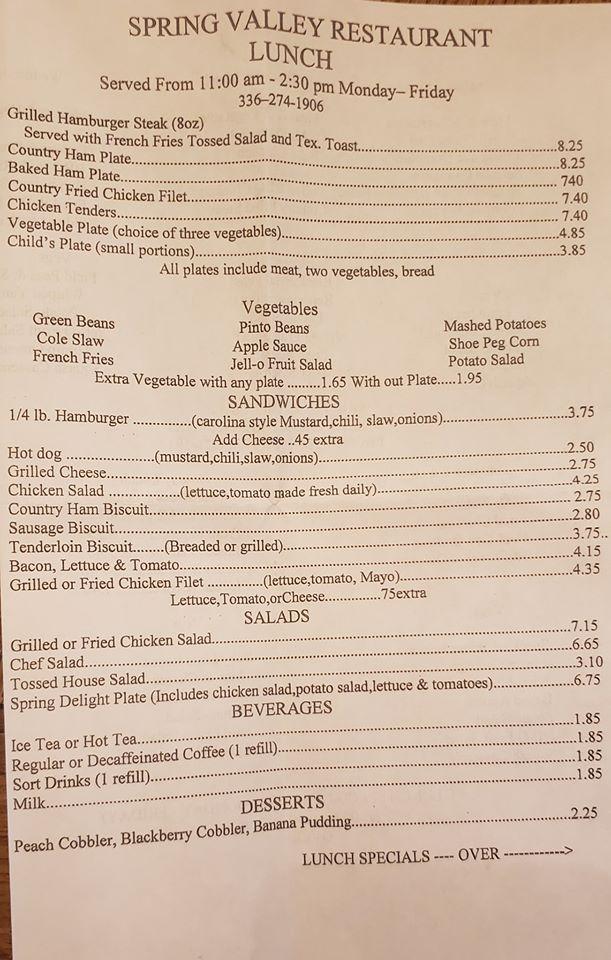 Menu at Spring Valley Restaurant, Greensboro