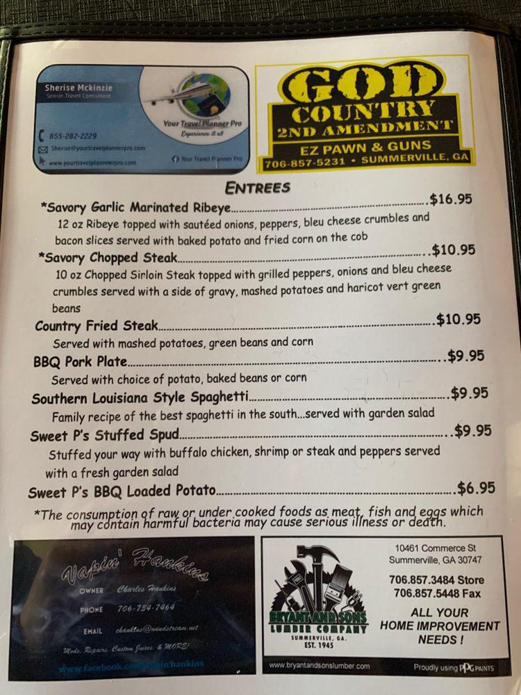 Menu at Sweet P's restaurant, Trion