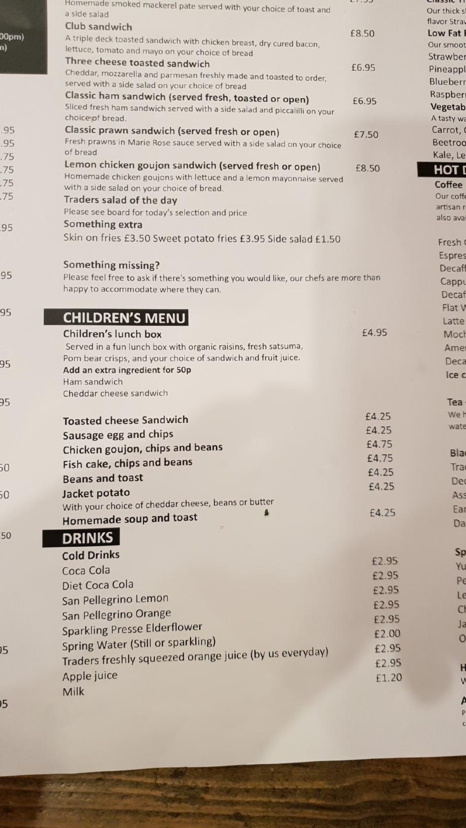 Menu at Traders cafe, Macclesfield