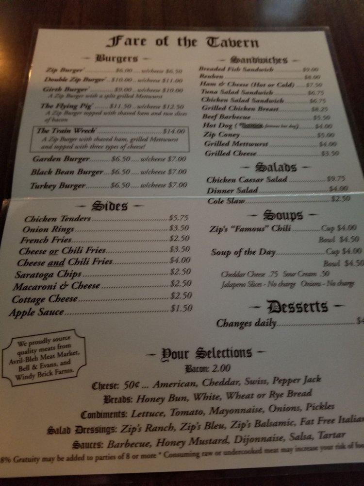 Menu at Zip's Cafe, Cincinnati