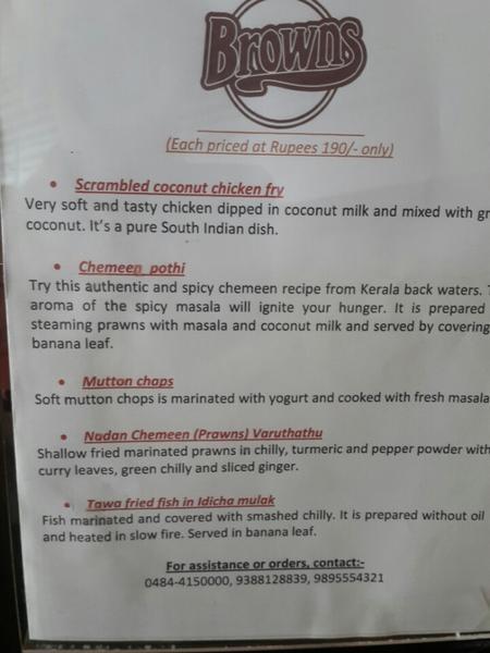 Menu at Brown's Restaurant, Ernakulam