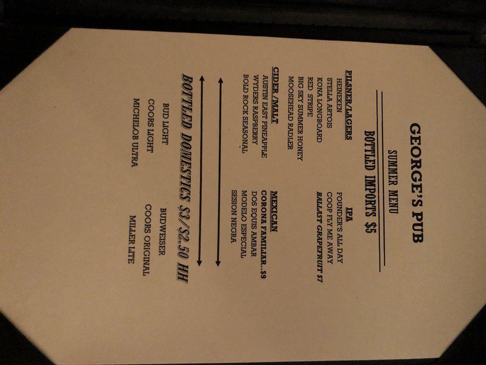Menu at George's Pub, Jenks