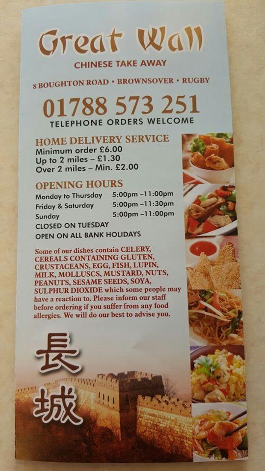 Menu at Great Wall fast food, Rugby