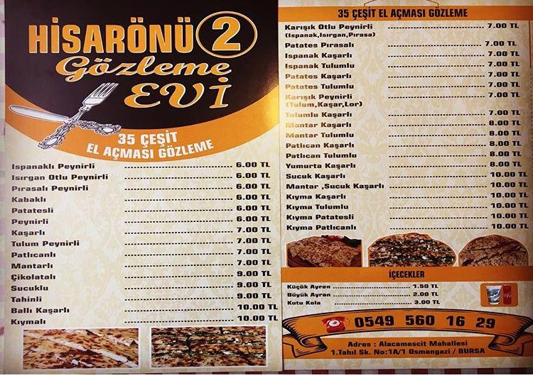 Menu at Hisarönü Gözleme Evi 2, Bursa