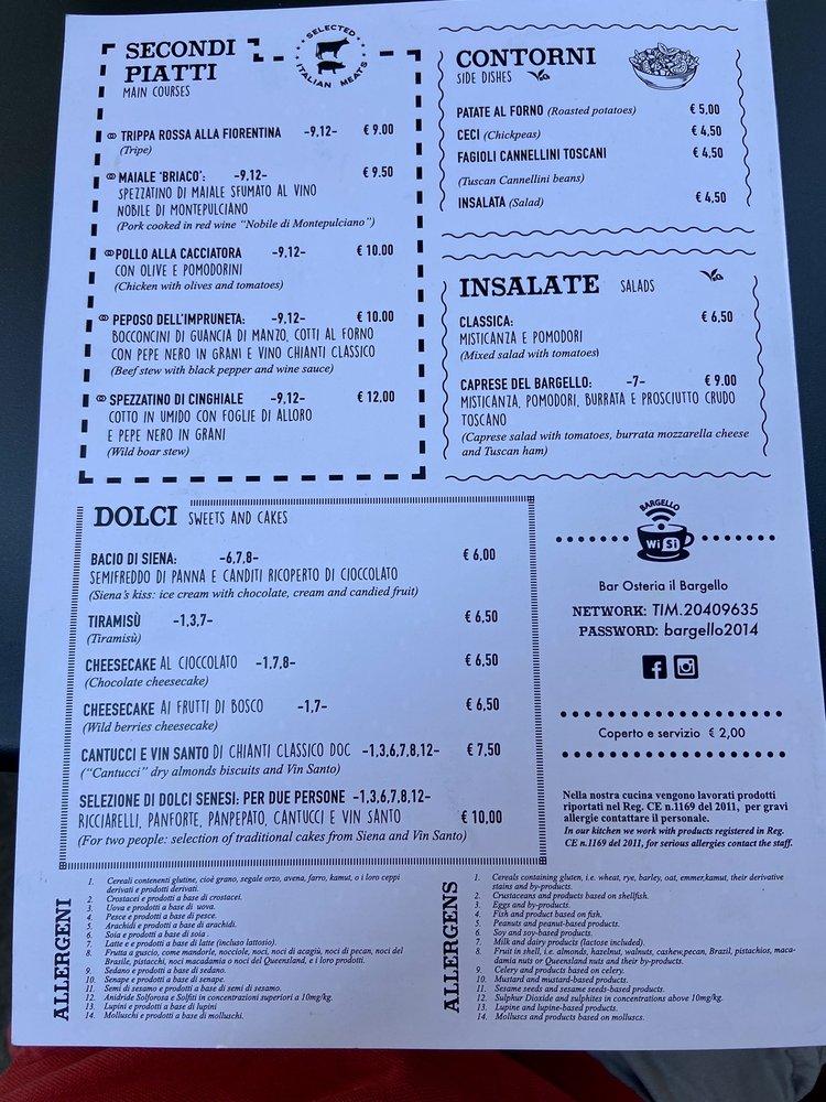 Menu da Bar Osteria Il Bargello -- Siena, Siena