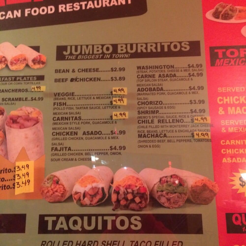 Menu at Memo's Mexican Restaurant, Everett
