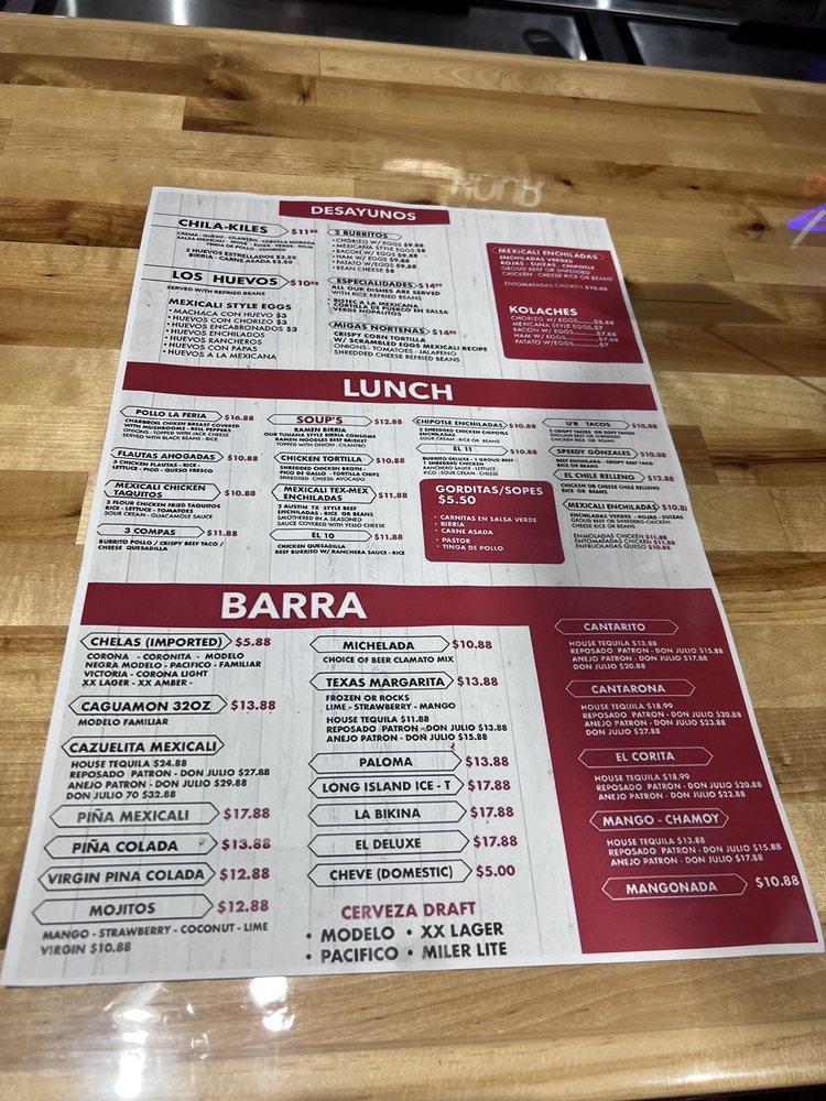 Menu at Mexicali Street Tacos & Burrito Bar, Durham