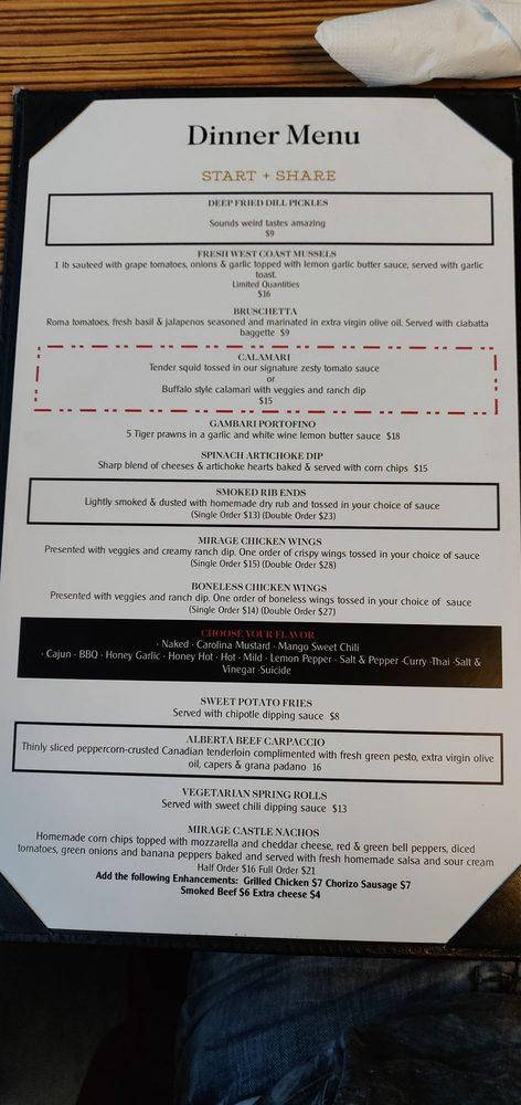 Menu at The Mirage TasteHouse restaurant, High Level