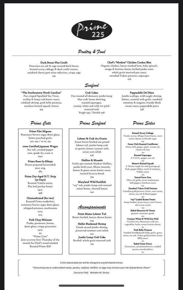 Menu at Prime 225 pub & bar, Chesapeake City