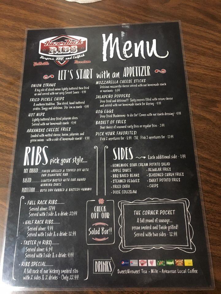Menu at Razorback Ribs restaurant, Harrison