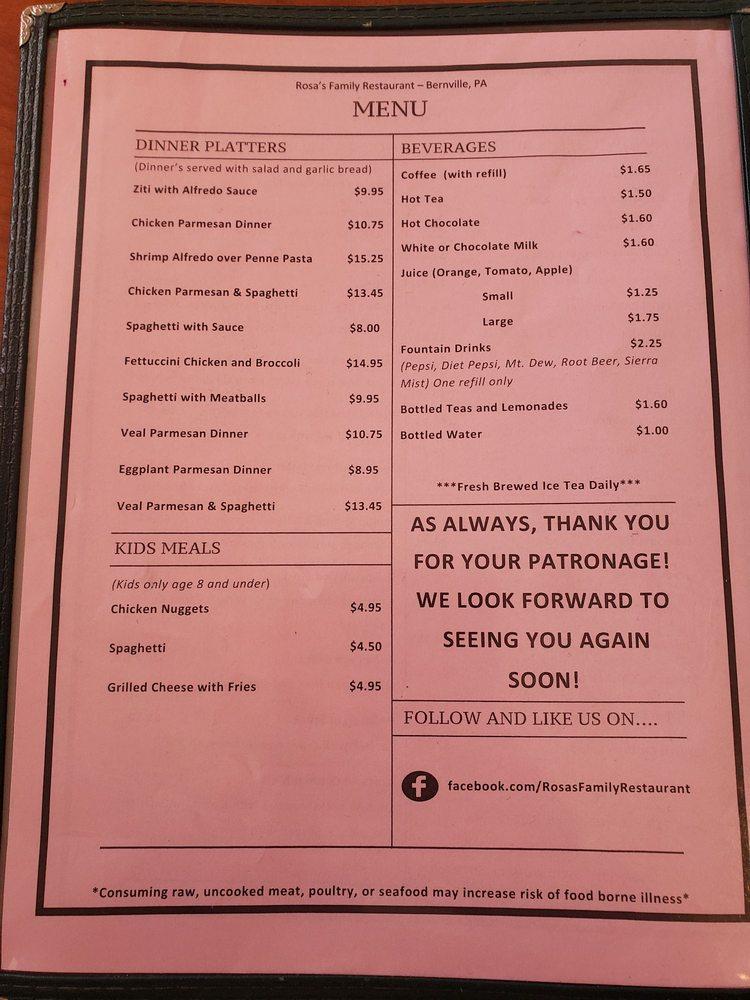 Menu at Rosa's Family Restaurants, Bernville