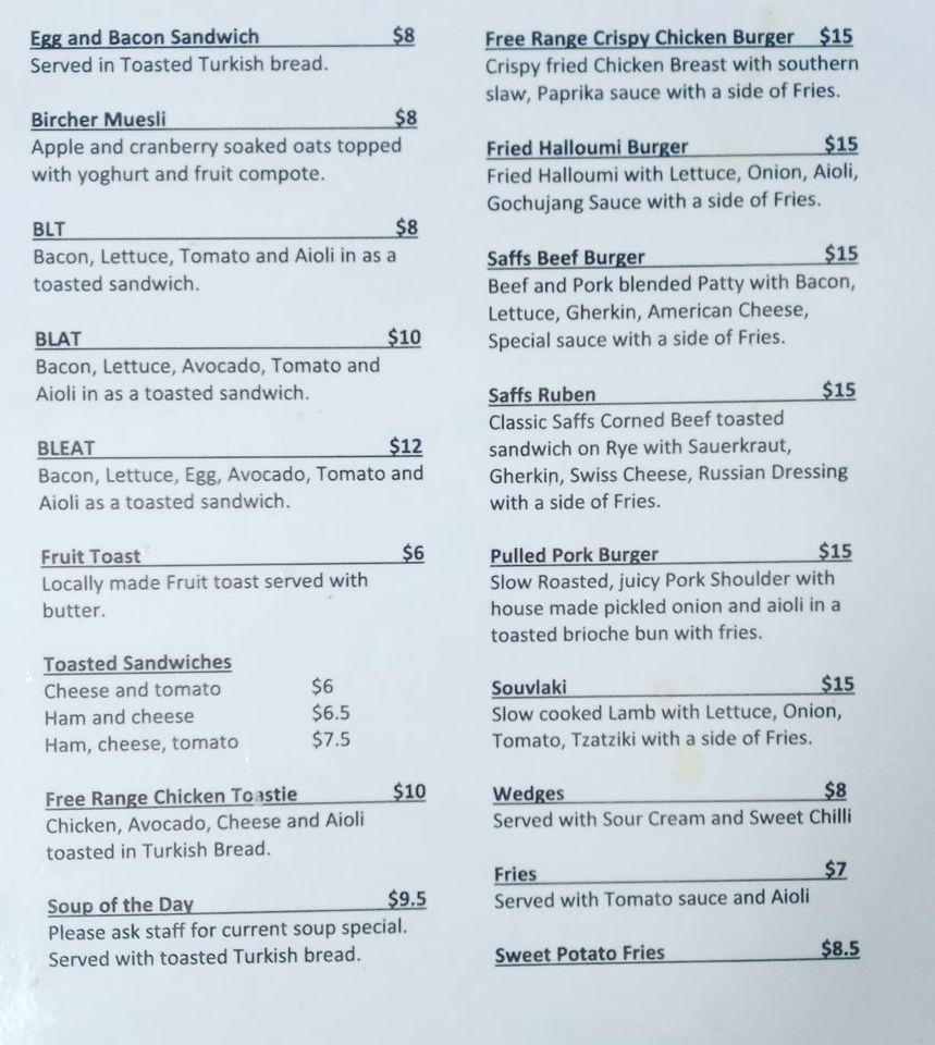 Menu at Saffs Cafe, Castlemaine