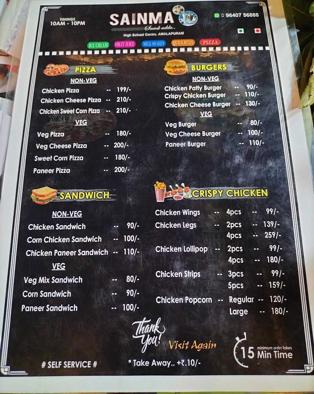 Menu at Sainma Snack Adda, Amalapuram