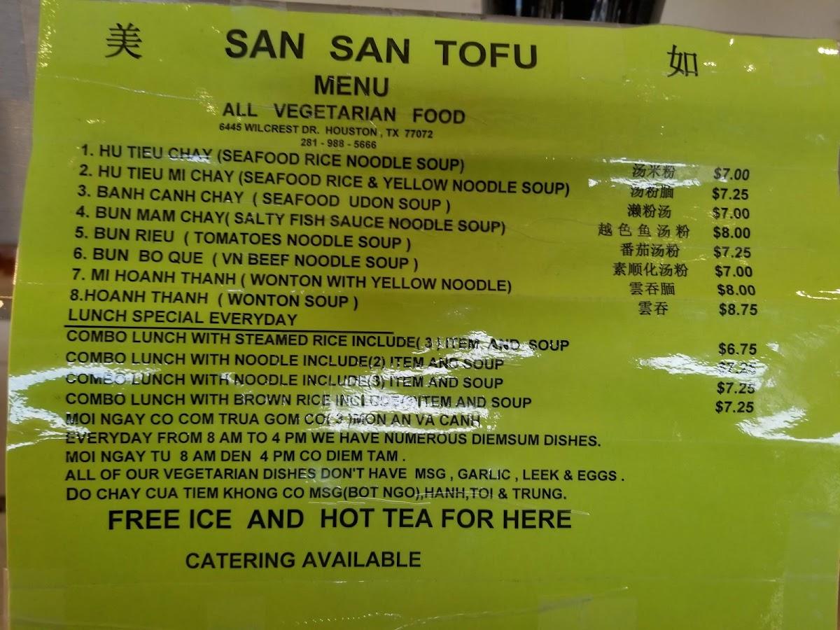 Menu at San San Tofu restaurant, Houston