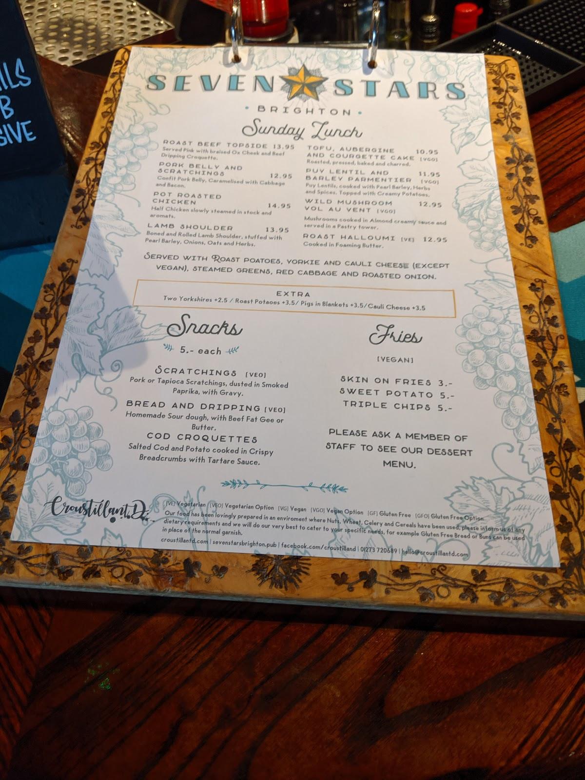 Menu at Seven Stars pub & bar, Brighton