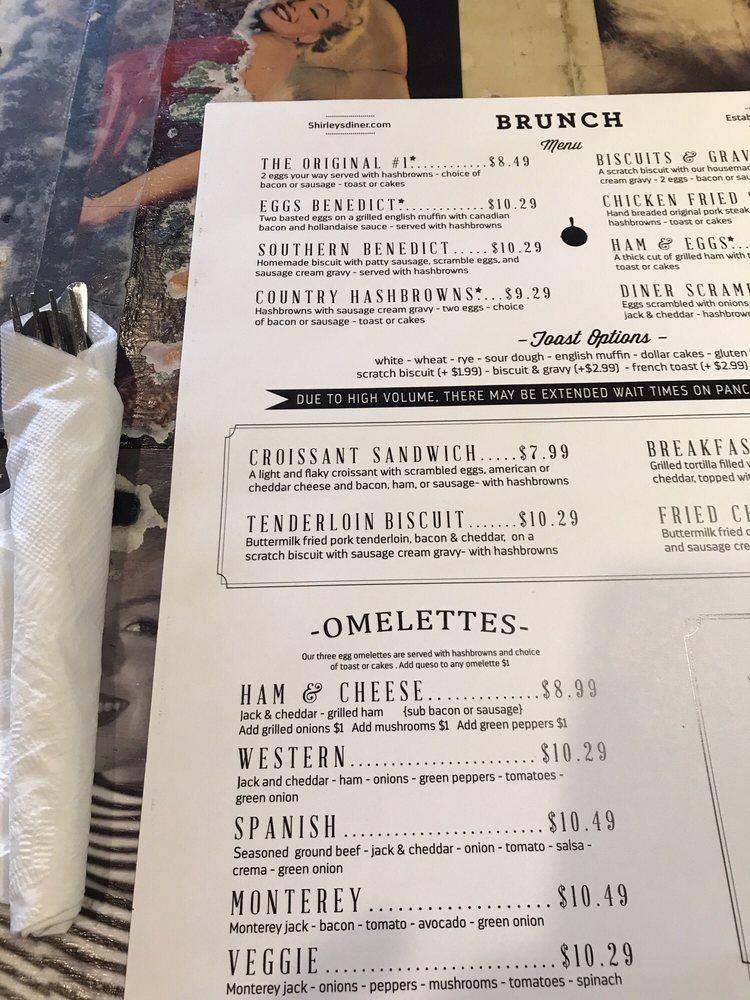 Menu at Shirley's Diner restaurant, Omaha