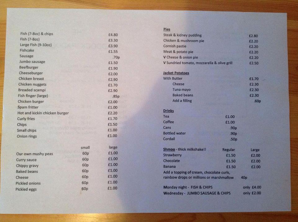 Carta de comida rápida The Haddock Paddock, Sedbergh, 67-69 Main St