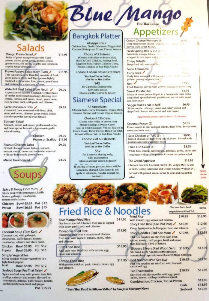 Menu at Blue Mango restaurant, San Jose, 635 Coleman Ave