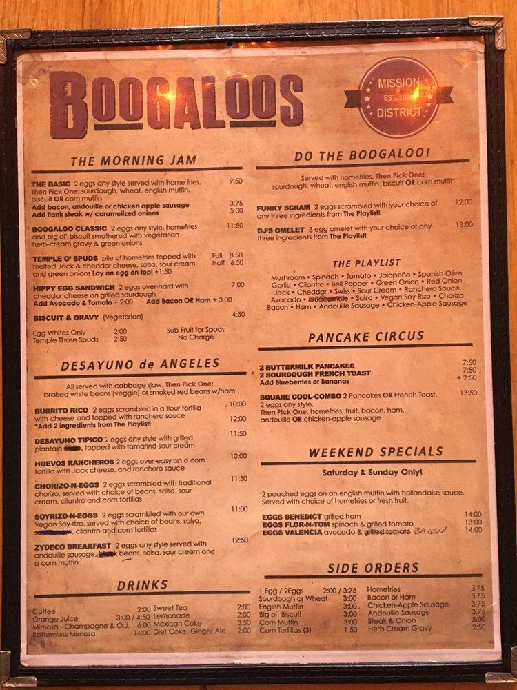 Menu at Boogaloo's Brunch Pop-Up restaurant, San Francisco