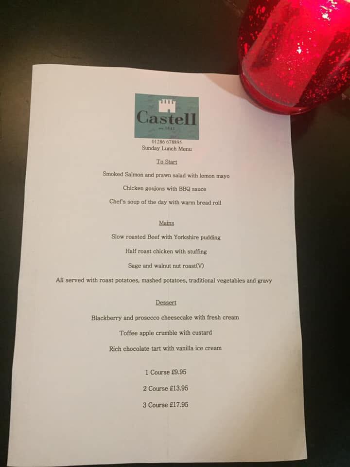 Menu at Castell pub & bar, Caernarfon