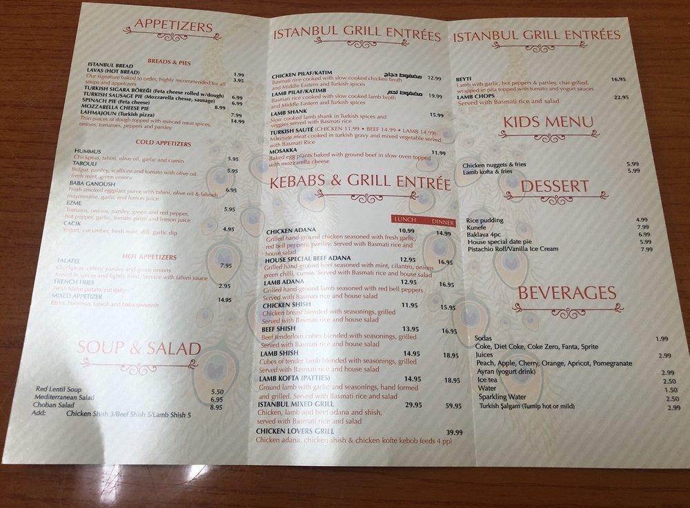 Menu at Istanbul Grill restaurant, Orlando