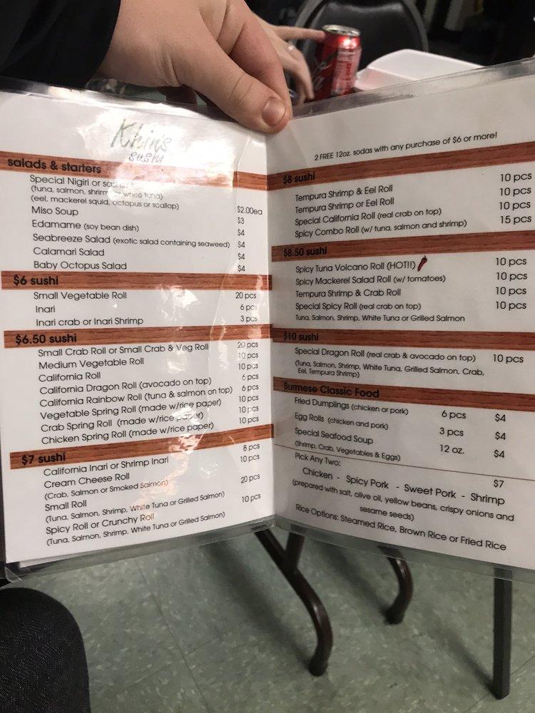 Menu at Khin's Sushi restaurant, Richmond